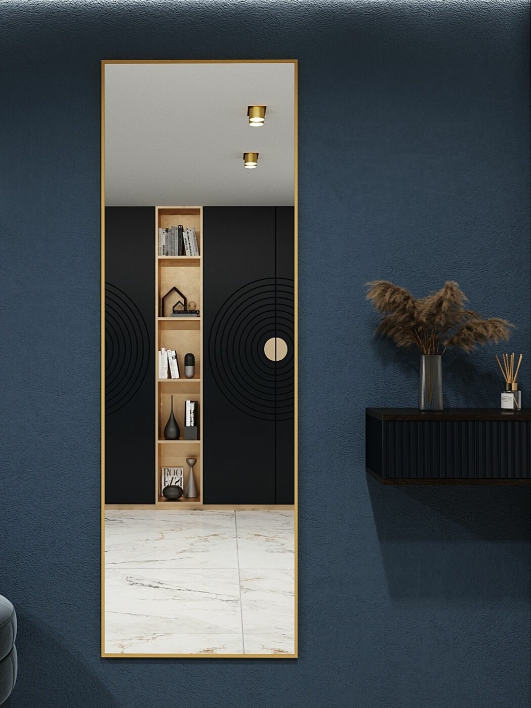 Зеркало настенное большое в алюминиевой раме MOONRISE 200х60 см. Золото