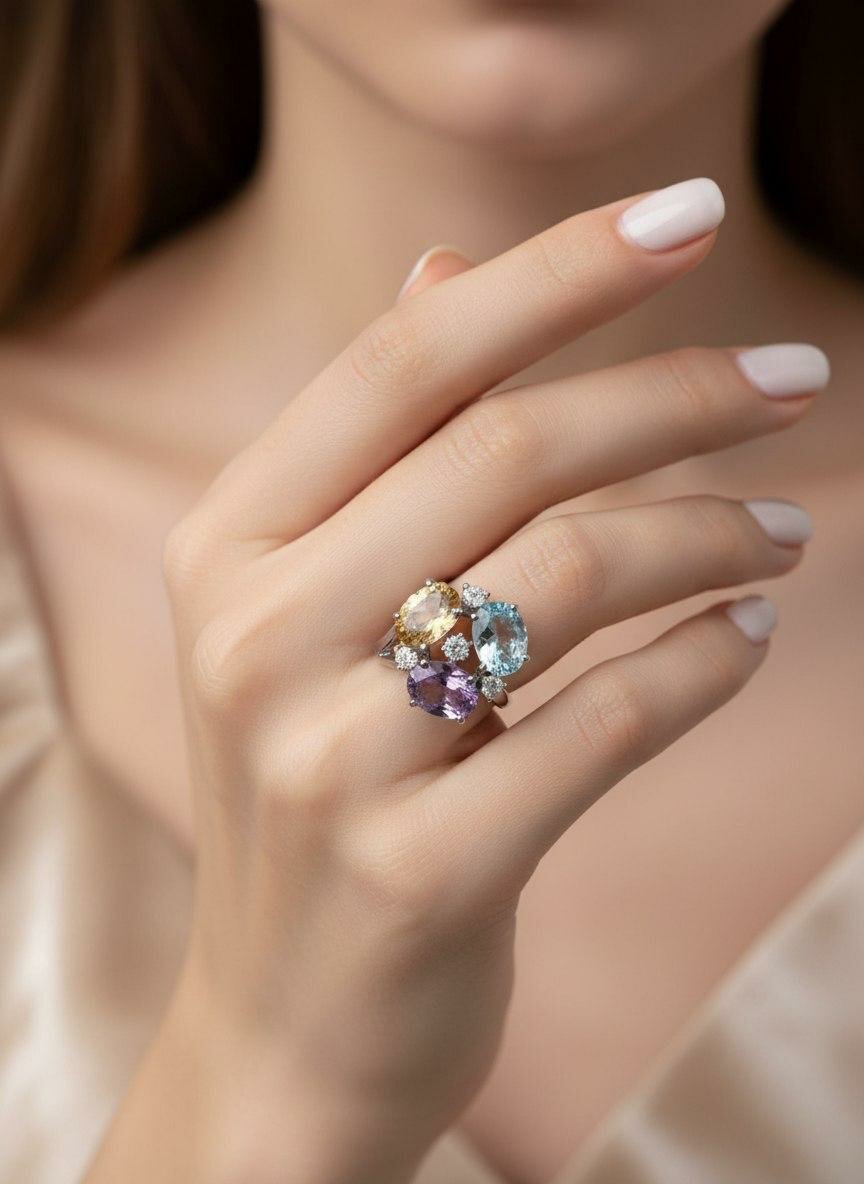 Кольцо тонкое, серебро, 925 проба, родирование, аметист, топаз, цитрин, фианит