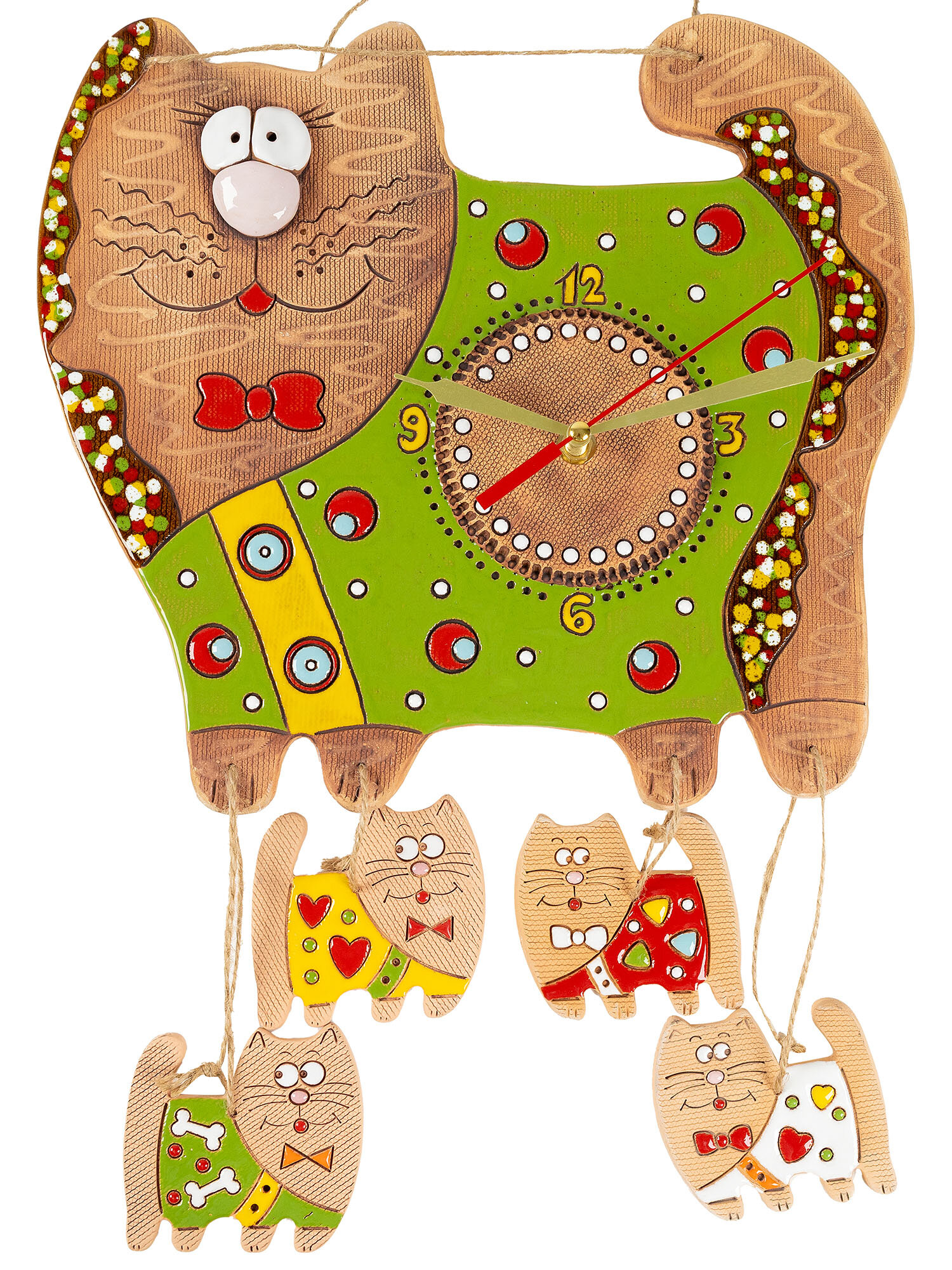 Часы настенные керамические ручной работы Кот с котятами (зеленый фон) (КМА-ЧС-02)