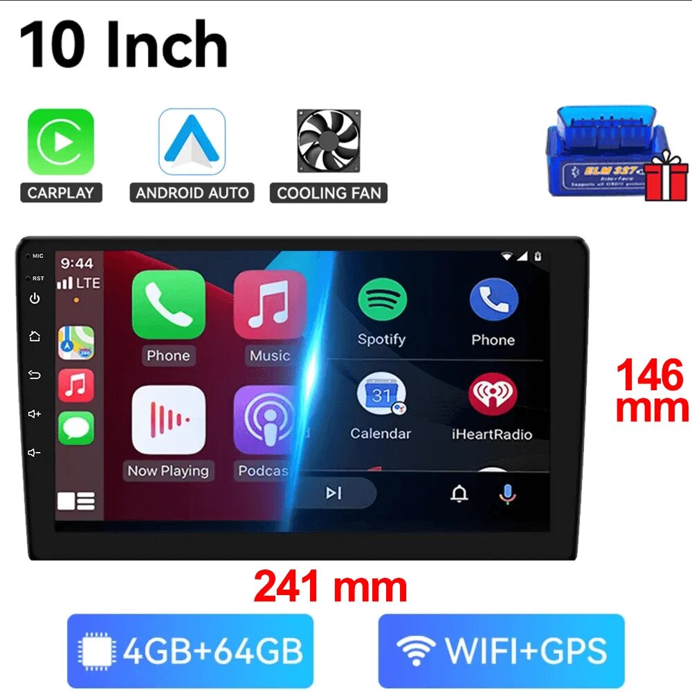 10-дюймовый Автомагнитола Android 13, 4GB+64GB, CarPlay, GPS