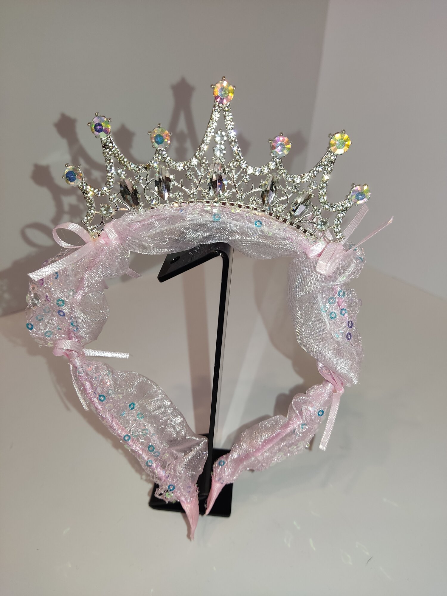 Ободок для волос "Корона", розовый, металл, органза, стразы