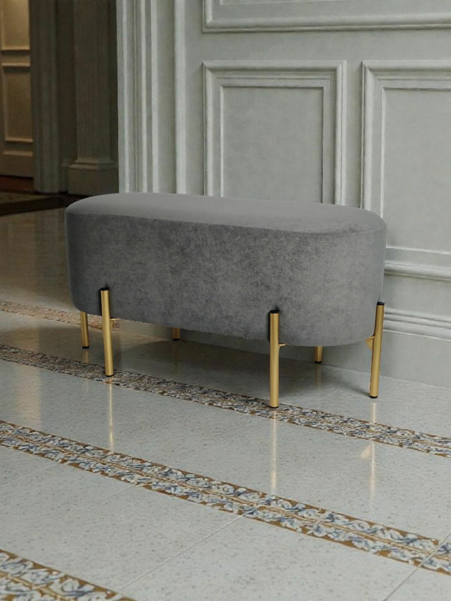Банкетка для туалетного столика, пуф дизайнерский в гостиную, спальню с ножками с золотым покрытием, овальный 78х42x32, серый