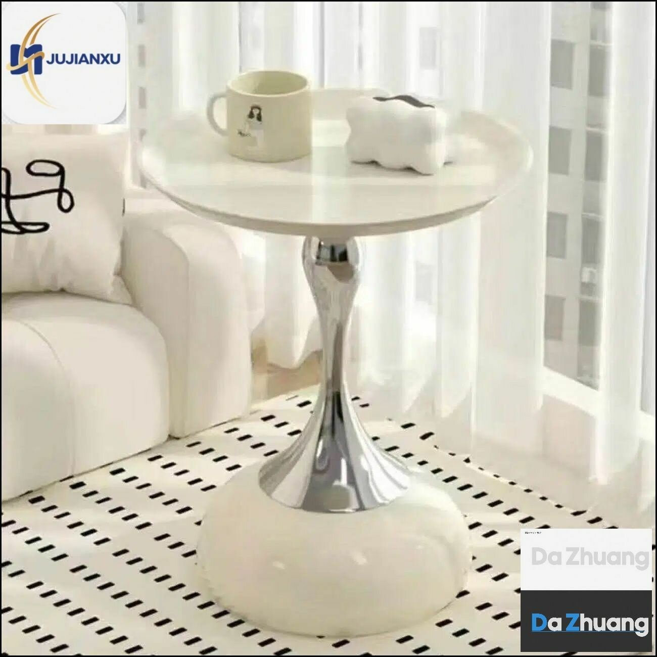 Кованый кофейный столик; маленький круглый стол; белая серебряная рама 40*40*55 см -X