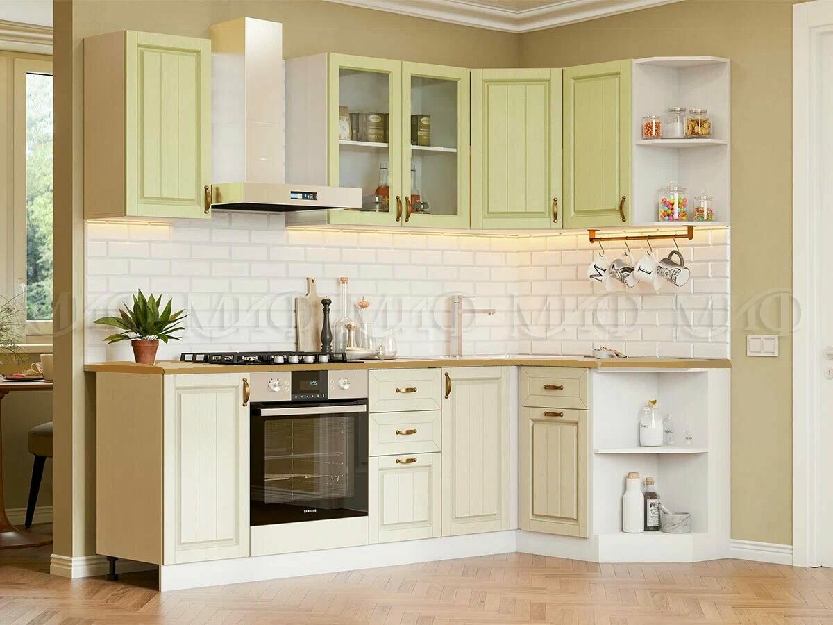 Кухонный гарнитур 2,4х1,3м Настя фисташка, белый со столешницей, МИФ