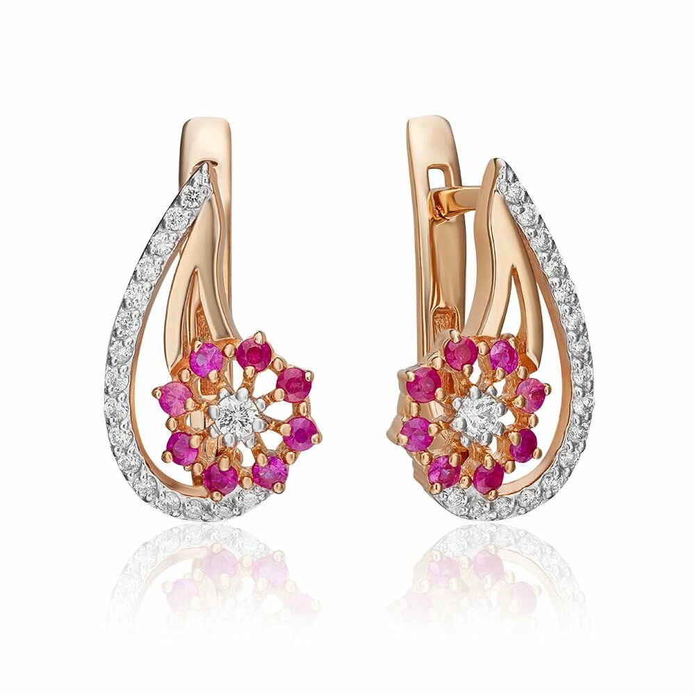 Серьги, красное золото, 585 проба, бриллиант, рубин