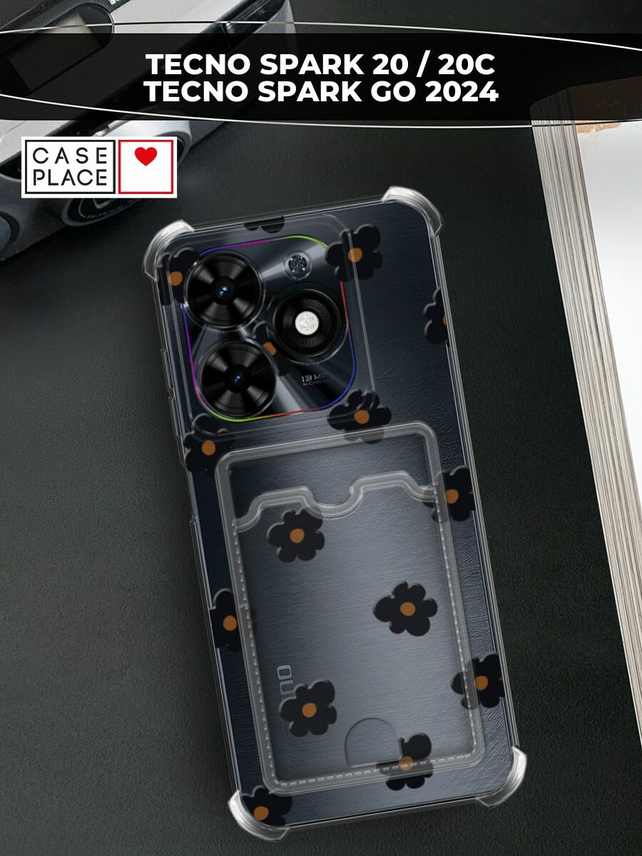 Чехол на Tecno Spark Go 2024/Spark 20C (Текно Спарк Го 2024/Спарк 20C) с картой и принтом Темные цветочки паттерн