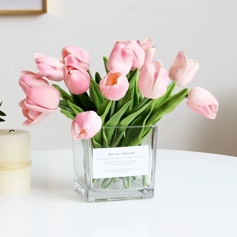 Свежие корейские искусственные цветы, лилия каллы, тюльпаны, прозрачная стеклянная ваза, шелковые цветы, цветы для