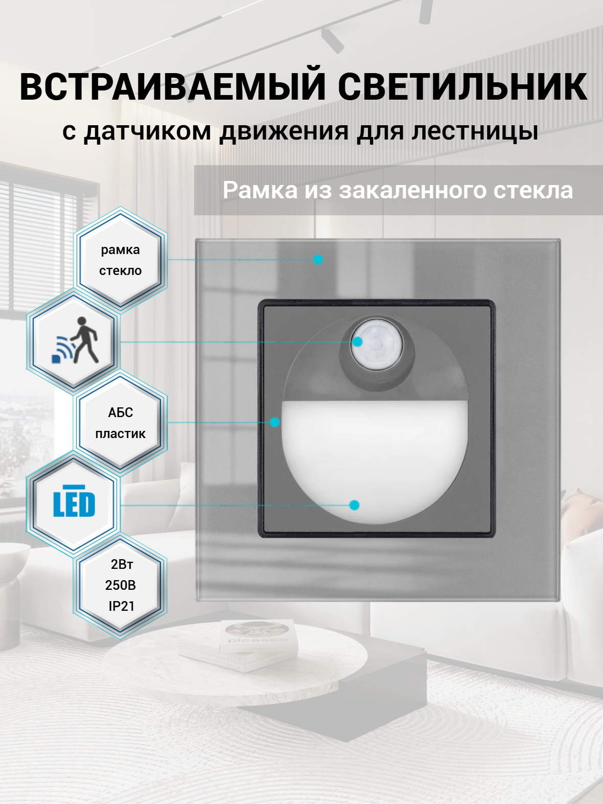 Встраиваемый светильник для лестницы с датчиком движения, рамка из закаленного стекла 82*82*8mm, серый F6