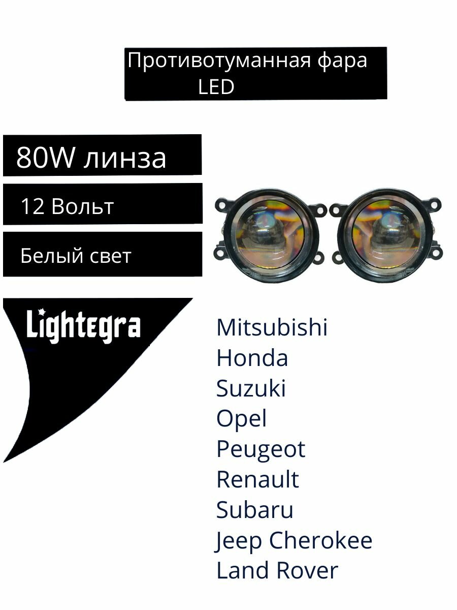 Автомобильная светодиодная противотуманная фара ПТФ Mitsubishi Honda Suzuki Оpel Peugeot Renault Subaru Jeep Cherokee Land Rover 60W 12-80 Вольт