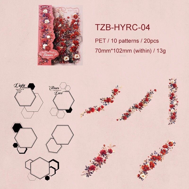 Набор винтажных наклеек Floral Daily Series Бордовый, TZB-HYRC-04