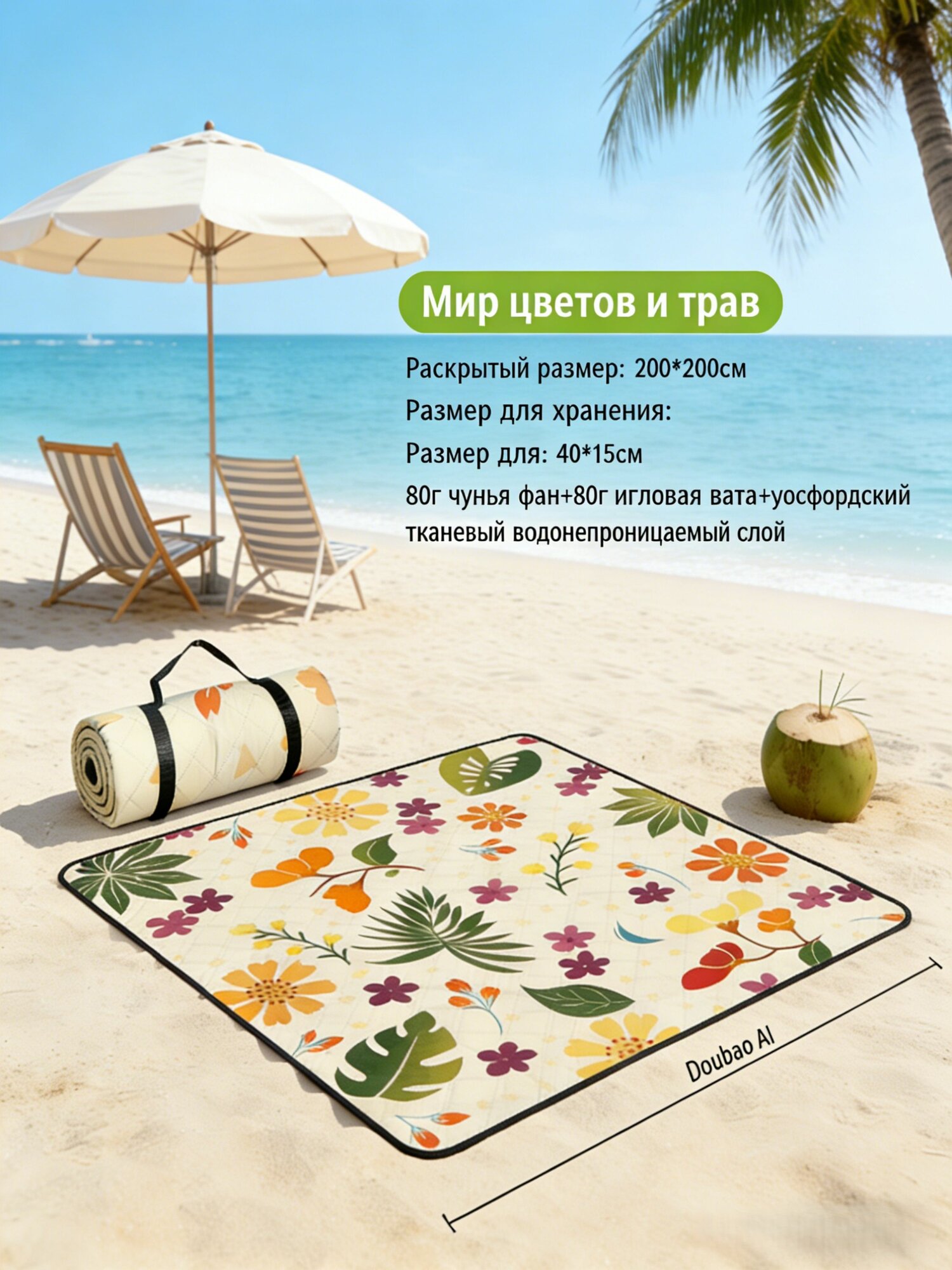 Коврик для пикника, водонепроницаемый, с большим размером, 200 x 200см