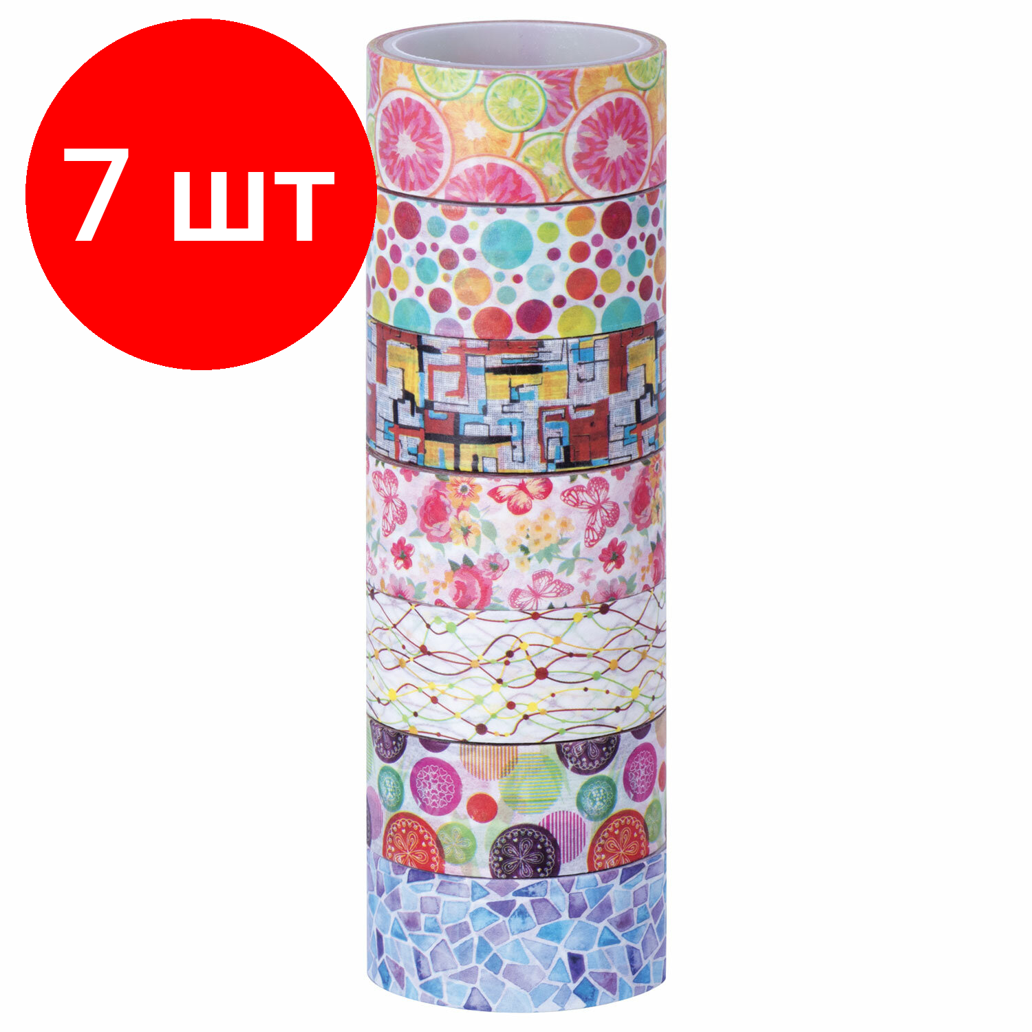 Комплект 7 шт, Клейкие WASHI-ленты для декора "Микс №2", 15 мм х 3 м, 7 цветов, рисовая бумага, остров сокровищ, 661710