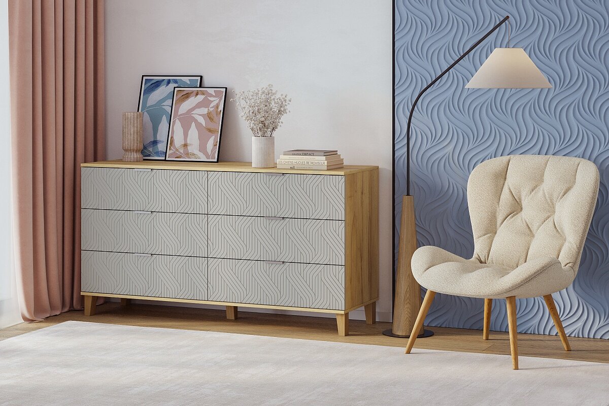 Комод МебельЛэнд24 Марвин 7 фрезеровка 3 Сантьяго 140x40x80 серый с 6 ящиками