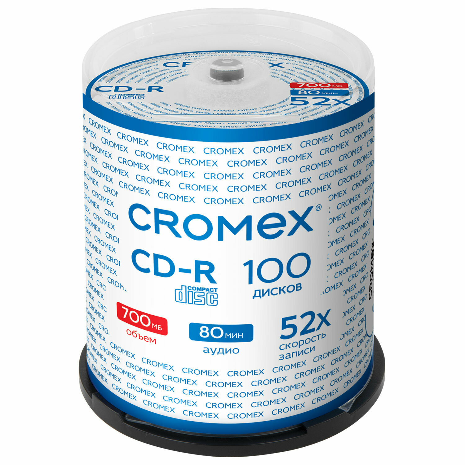 Диски CD-R CROMEX, 700 Mb, 52x, Cake Box (упаковка на шпиле), комплект 100 шт, 513778