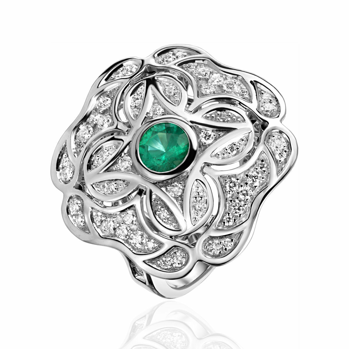 Кольцо, белое золото, 585 проба, изумруд, бриллиант