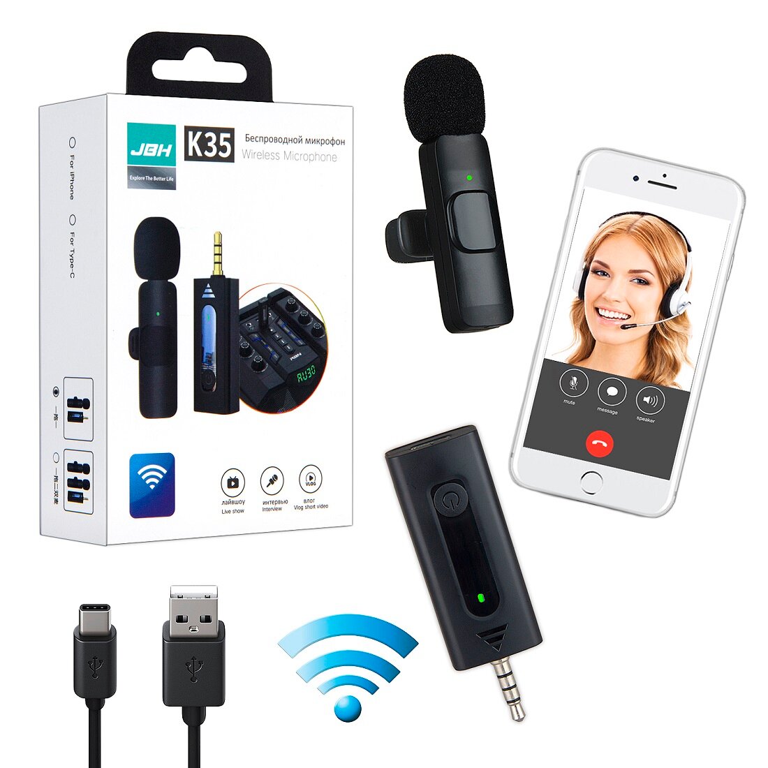 Микрофон беспроводной петличный 3.5 мм JBH K35, Mini Jack 3.5 mm, черный