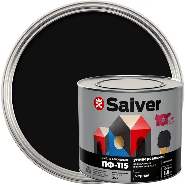Эмаль ПФ-115 Saiver Lux глянцевая цвет черный 1.8 кг