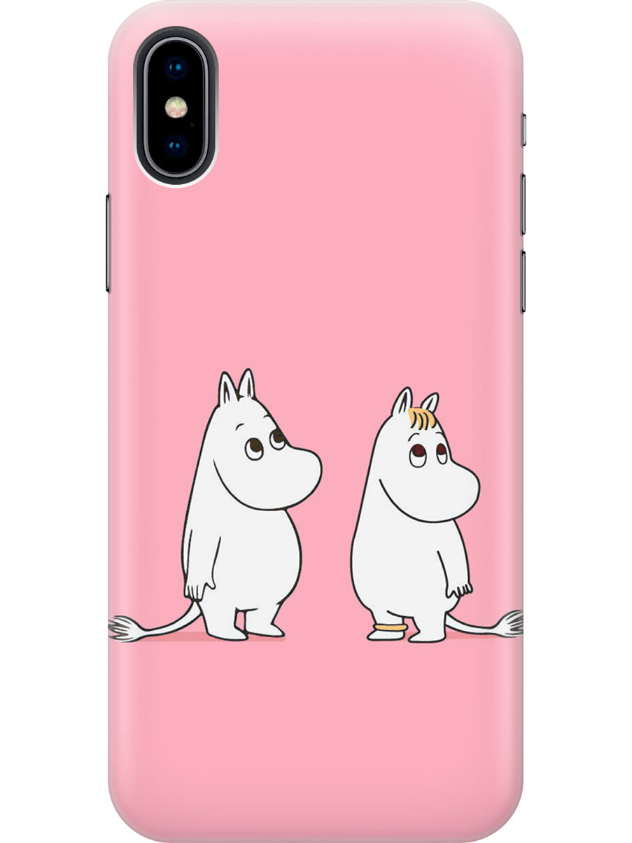 Силиконовый чехол на Apple iPhone Xs / X / Эпл Айфон Икс / Икс Эс с рисунком "Муми-тролли на розовом"