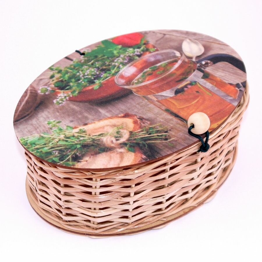 Шкатулка (корзина) овальная плетеная с принтом на крышке №1/2 - чай, ручное плетение из лозы