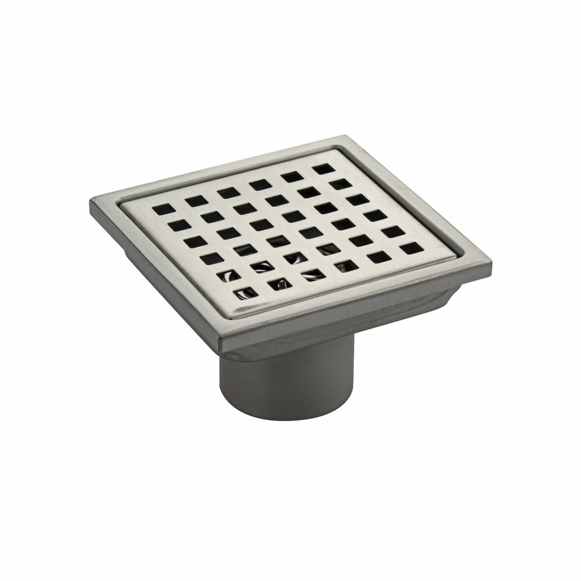 Трап душевой , из нержавеющей стали , 100 х 100 мм , крышка с перфорацией , сухой затвор , вертикальный выпуск 50 мм , цвет сатин .