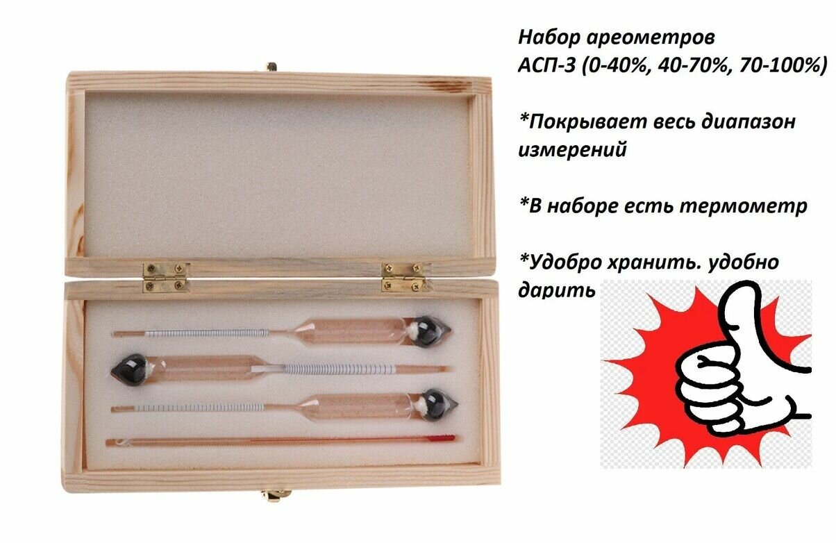 Набор профессиональных ареометров-спиртомеров АСП -3 в деревянном футляре