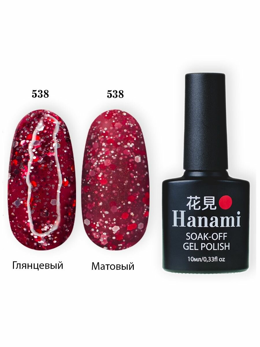 Гель-лак Royal-gel HANAMI M538, 10мл, бордовый, с блестками, стойкость