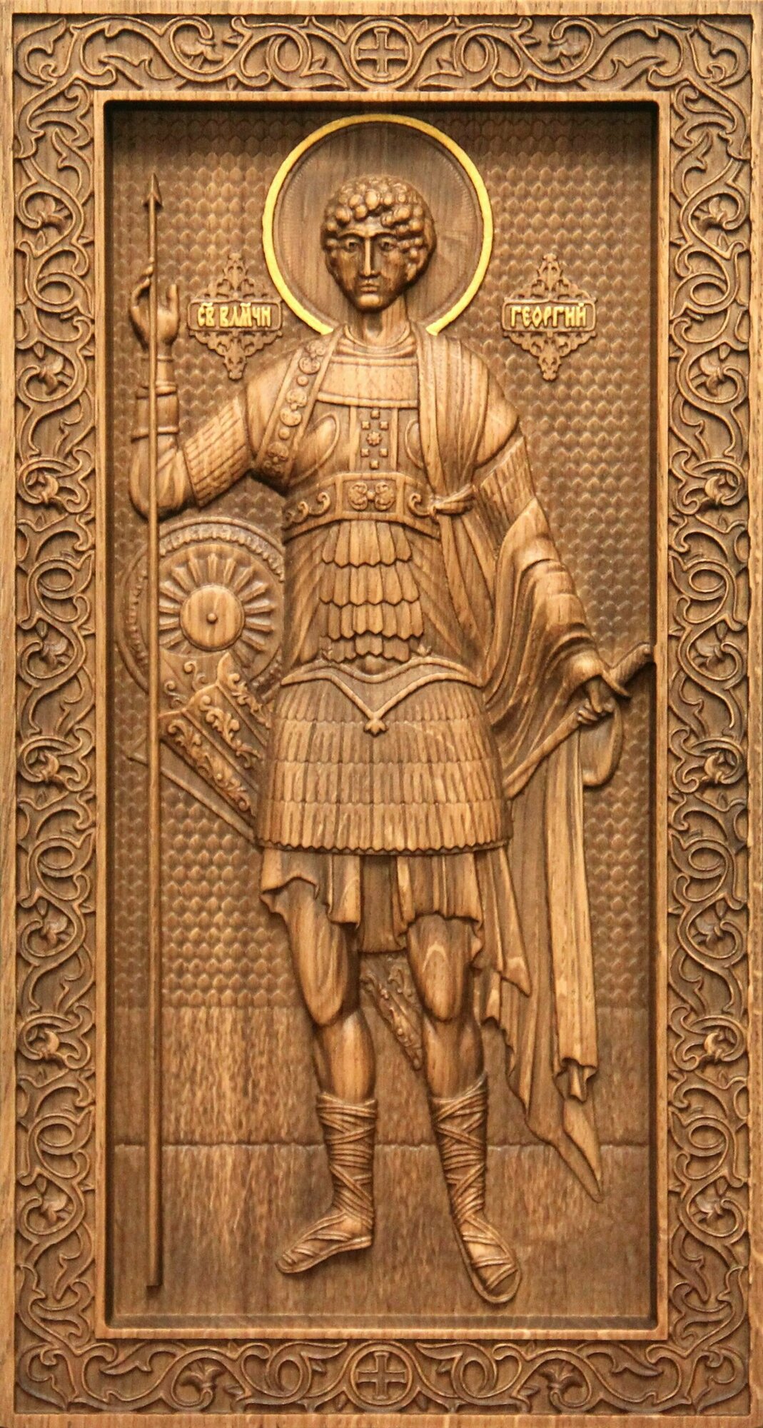 Икона Георгий Победоносец, Великомученик, резная из дуба, 16,5х31 см