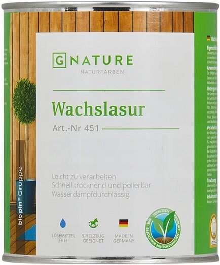 Воск-Лазурь Gnature 451 Wachslasur 0.75л для Деревянных Стен и Потолков 5020 Зелёно-жёлтый / Джинатур 451.