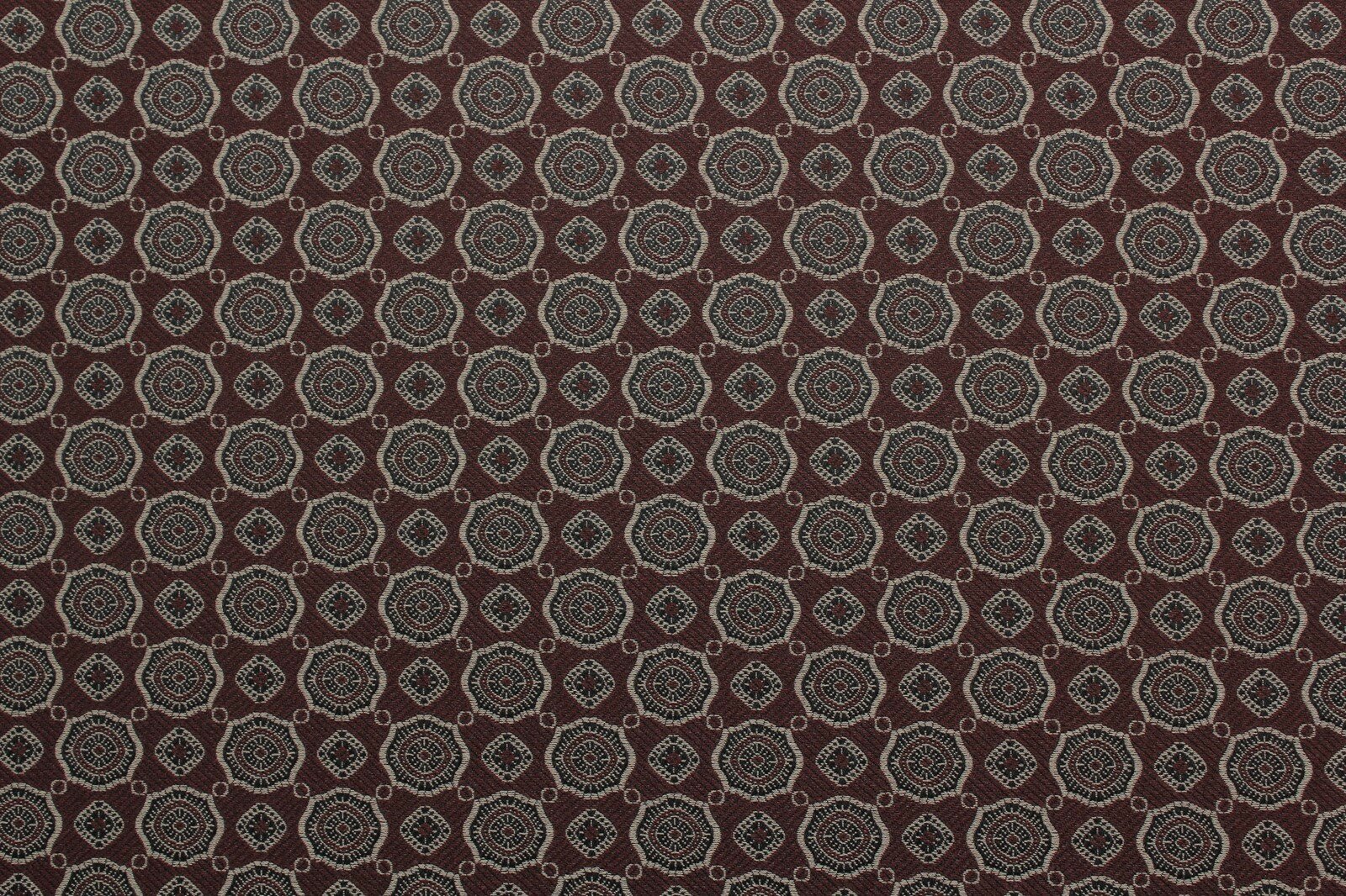 Ткань Костюмный жаккард стрейч серо-чёрный орнамент на коричнево-бордовом фоне, ш140см, 0,5 м