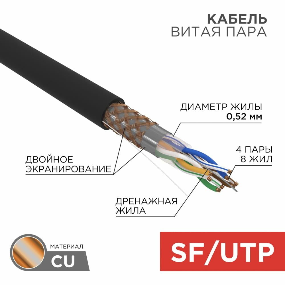 Кабель REXANT витая пара SFTP 4PR 24AWG, CAT5e, наружный, бухта 305 м 01-0344