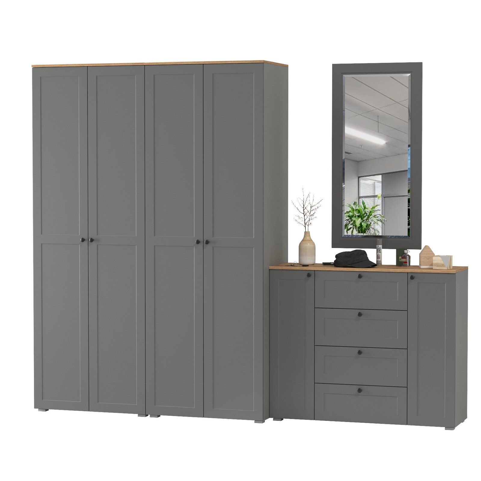 Два платяных шкафа Остин и комод с зеркалом цвет серый графит/дуб крафт золотой