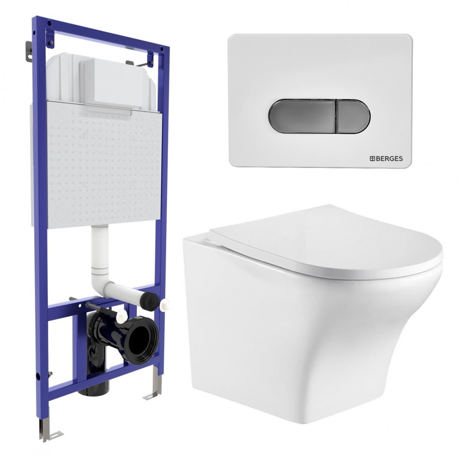 Комплект 3 в 1 инсталляция Berges Wasserhaus Novum D7 + Подвесной унитаз WeltWasser Odenbach 004 GL-WT + кнопка хром
