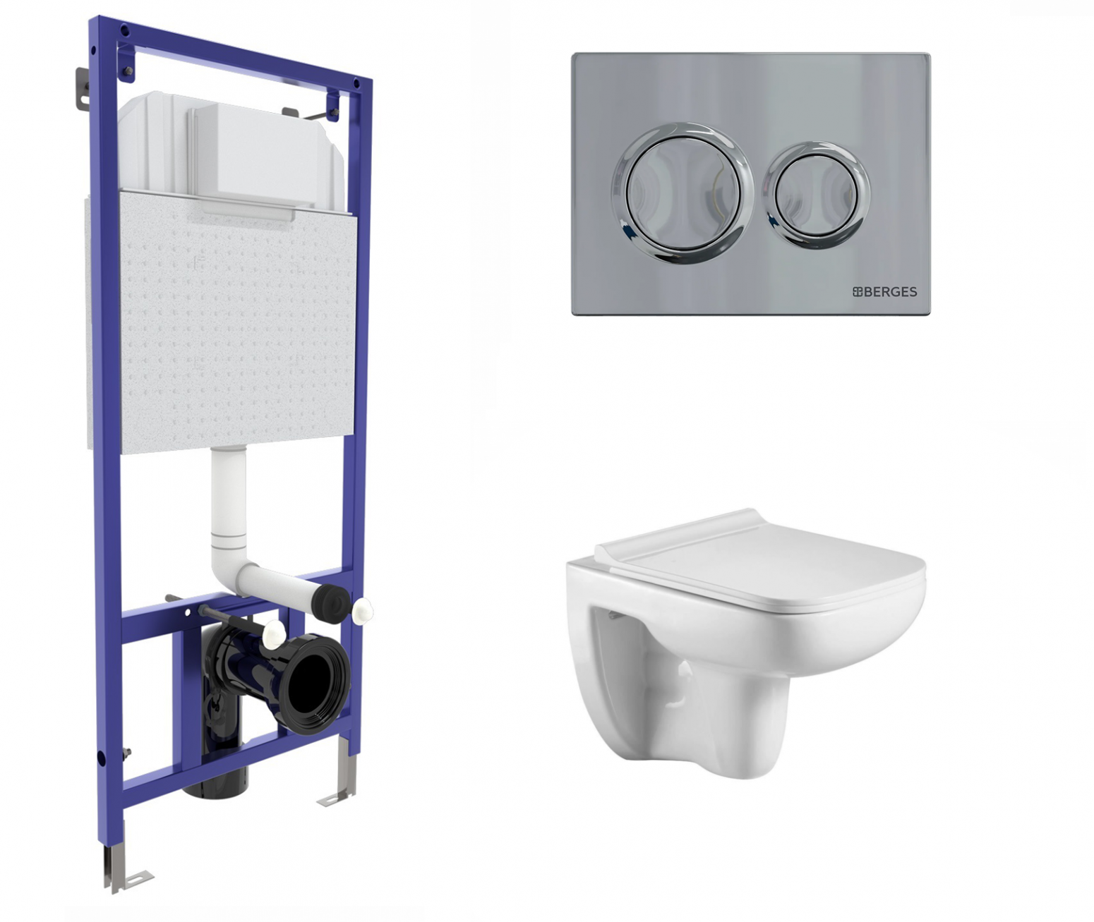 Комплект 3 в 1 инсталляция Berges Novum O3 + Подвесной унитаз WeltWasser Kehlbach 004 GL-WT с кнопкой глянцевой хром