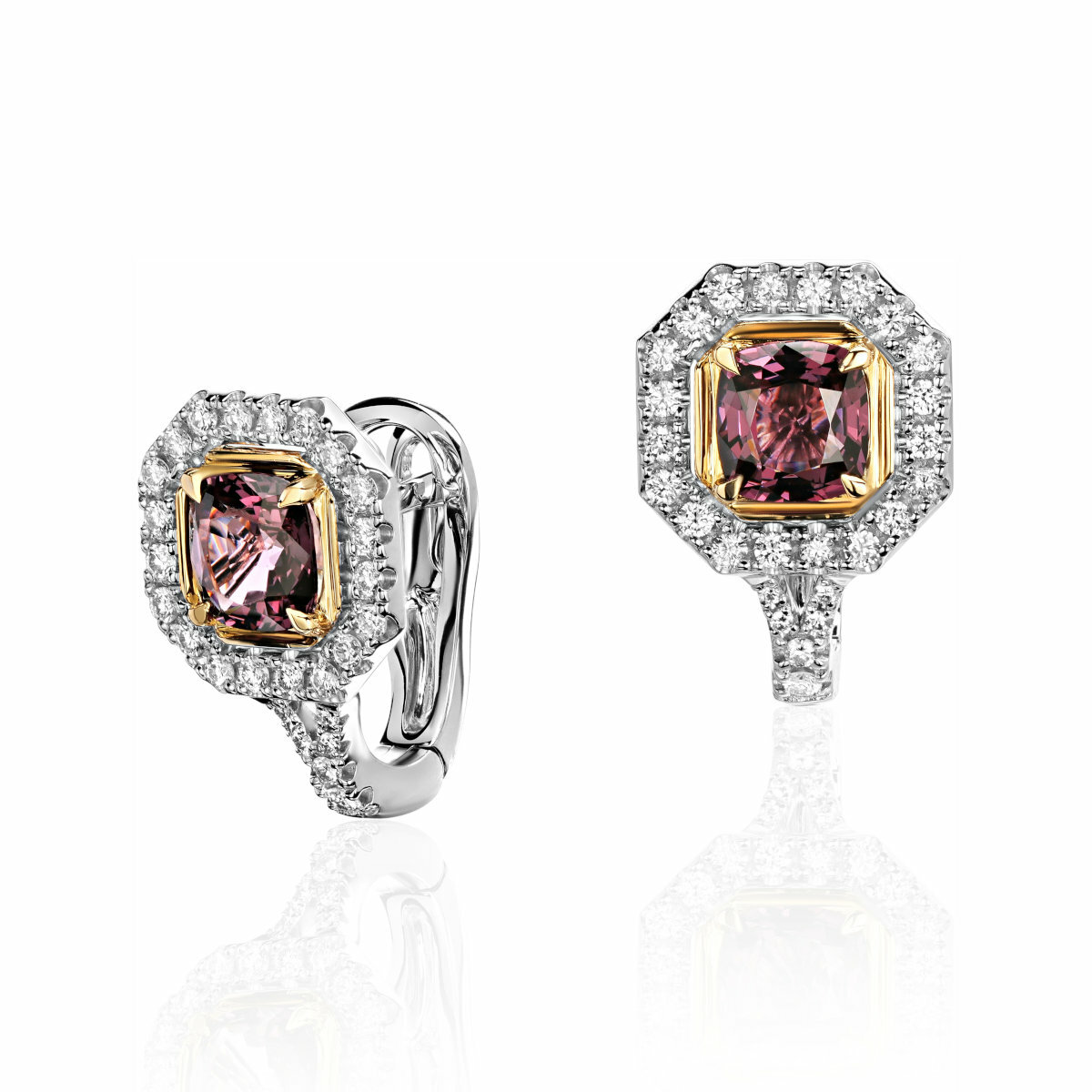 Серьги, комбинированное золото, 585 проба, шпинель, бриллиант