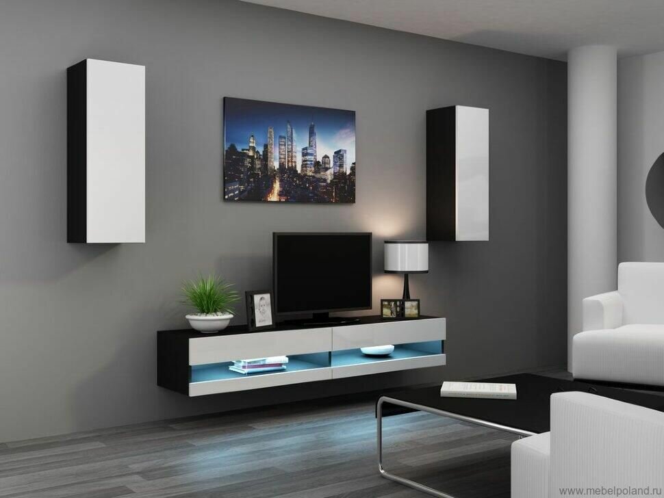 Стенка в гостиную "Виго нью 10" 180х200х42, черный / белый глянец