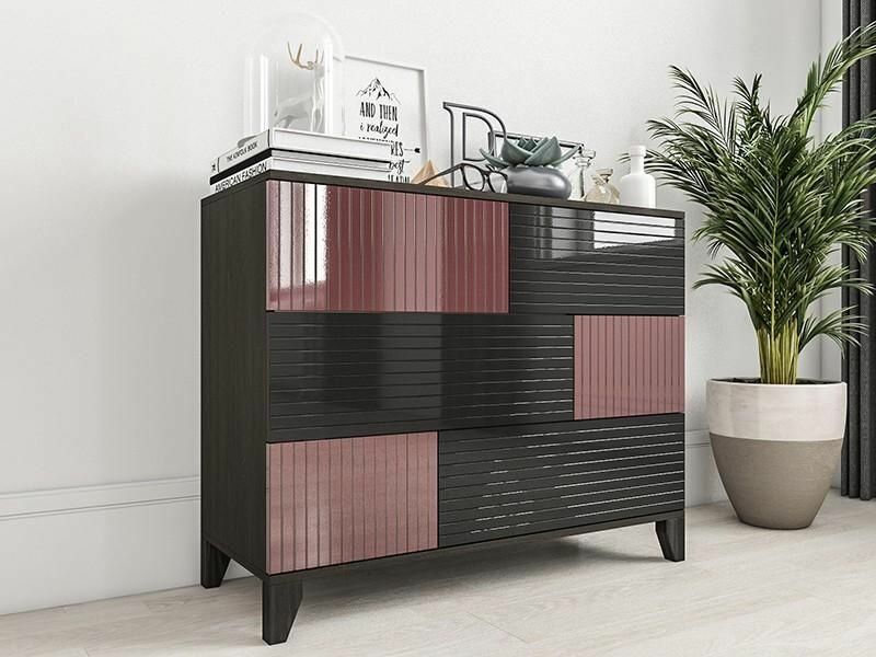 Комод для вещей "Сканди 35" 100х80х40, венге цаво / черный и вишневый глянец