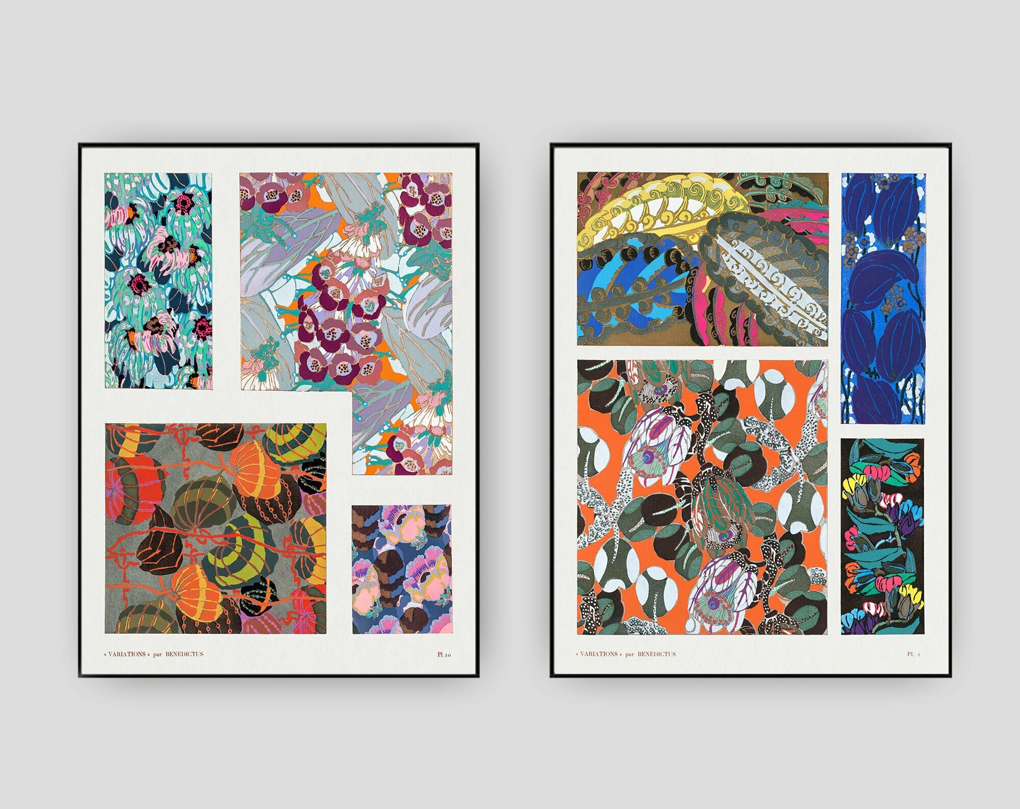 Набор интерьерных постеров "Орнаменты из цветов", 2 шт, размер А2 без рамы. 2 винтажных плаката в стиле модерн - Эдуард Бенедиктус.