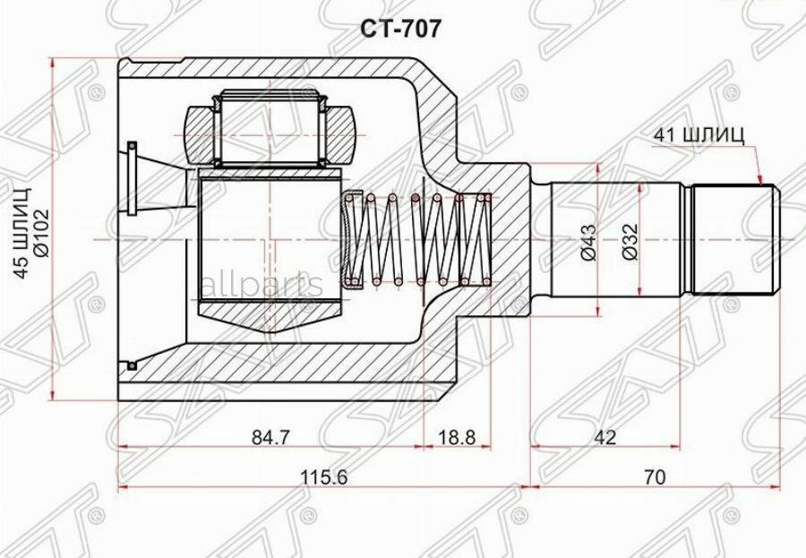 SAT CT-707 Шрус (Спереди/ Слева/ Внутр) Peugeot Boxer 06-14 / Citroen Jumper 94-02 / Fiat Ducato 94-02