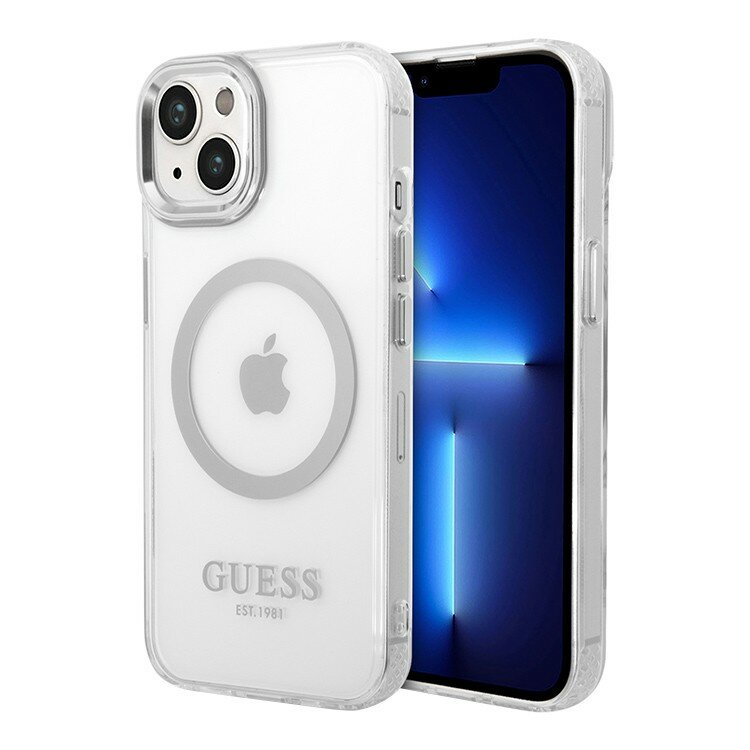 Чехол Guess Metal outline для iPhone 14, прозрачный/серебристый (MagSafe)