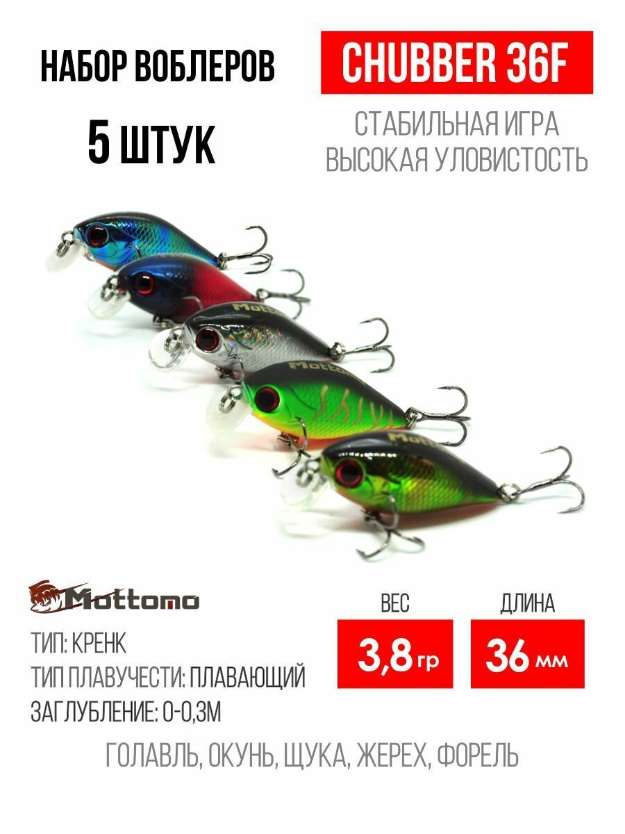Набор воблеров для рыбалки Mottomo Chubber 36F "5 в 1" крэнк плавающий для спиннинга. Приманка на голавля форель, окуня