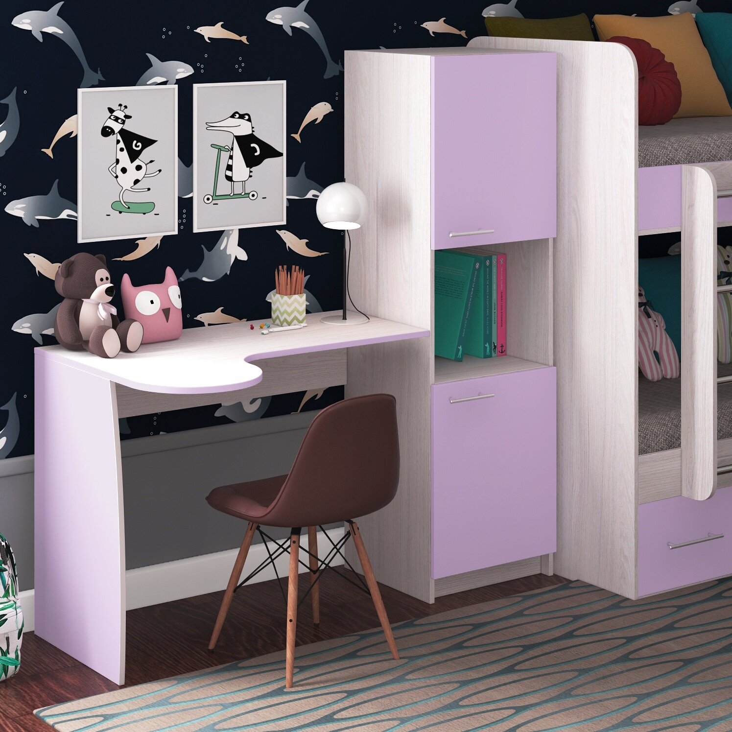 Компьютерный стол со стеллажом, с пеналом, Есэндвич Лаворо, 145x67,5х150 см, правый (Анкор белый/Ирис)