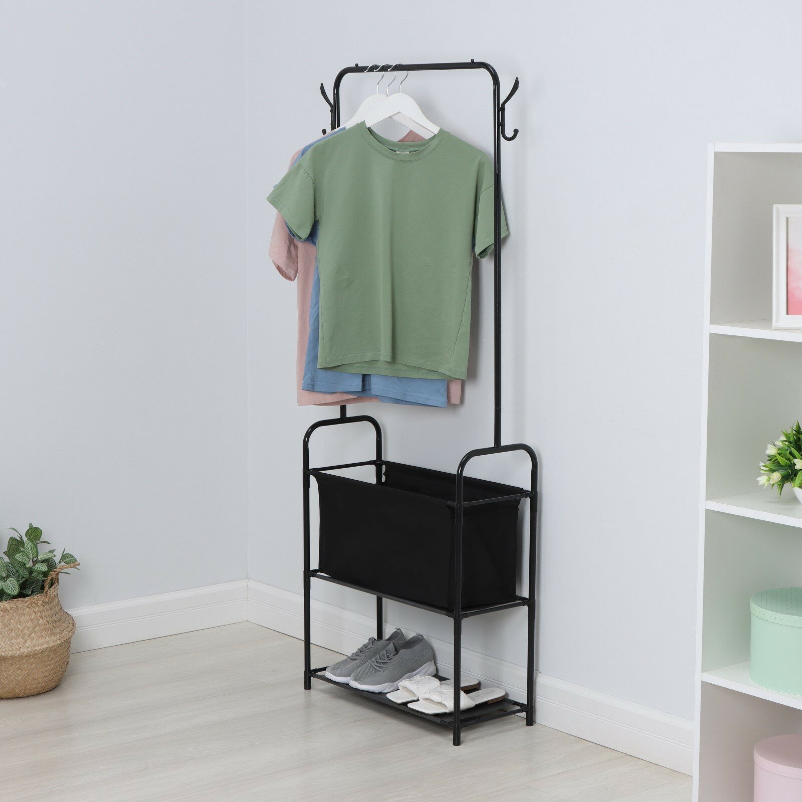 Вешалка - стойка напольная для одежды LaDоm, с полками для хранения, 60×26×160 см, чёрная