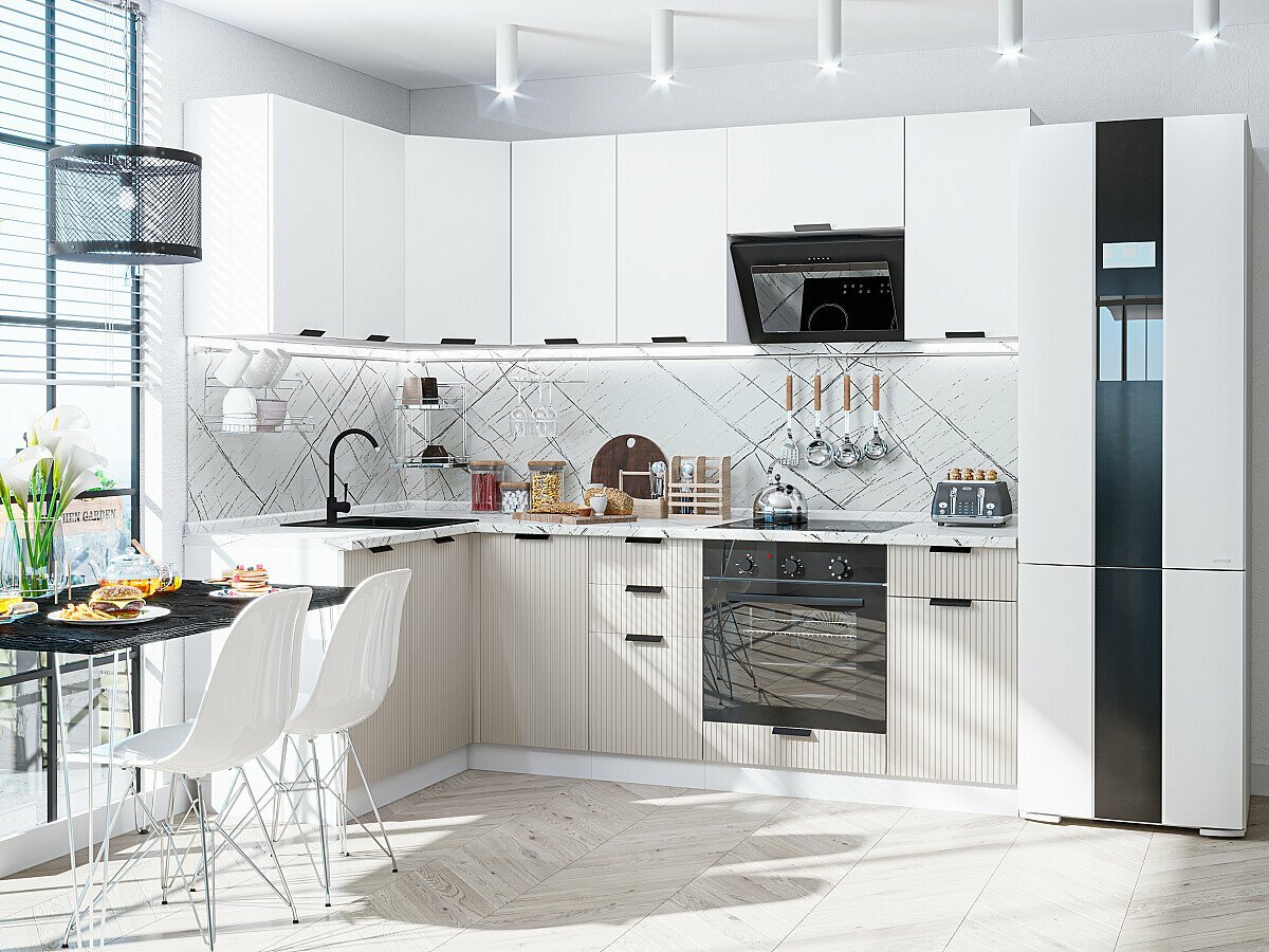 Готовый кухонный гарнитур без столешницы кухня угловая Евро Лайн-05 2140*1400,2400*600 Белый, Агат