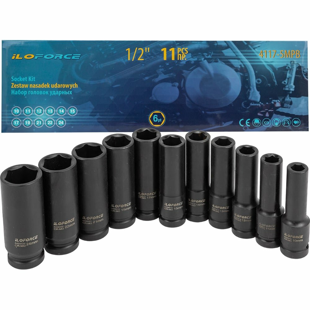 Набор головок ударных глубоких 6-гранных 11 предметов, 1/2'DR iLOFORCE IF-4117-5MPB(52561)