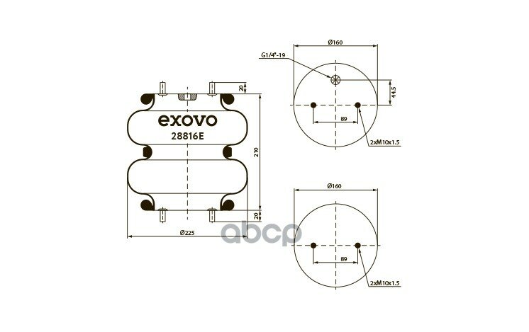 Пневморессора SCHMITZ 895N в сборе двойной сильфон завальцованная (отверстия параллельно) EXOVO арт. 28816E