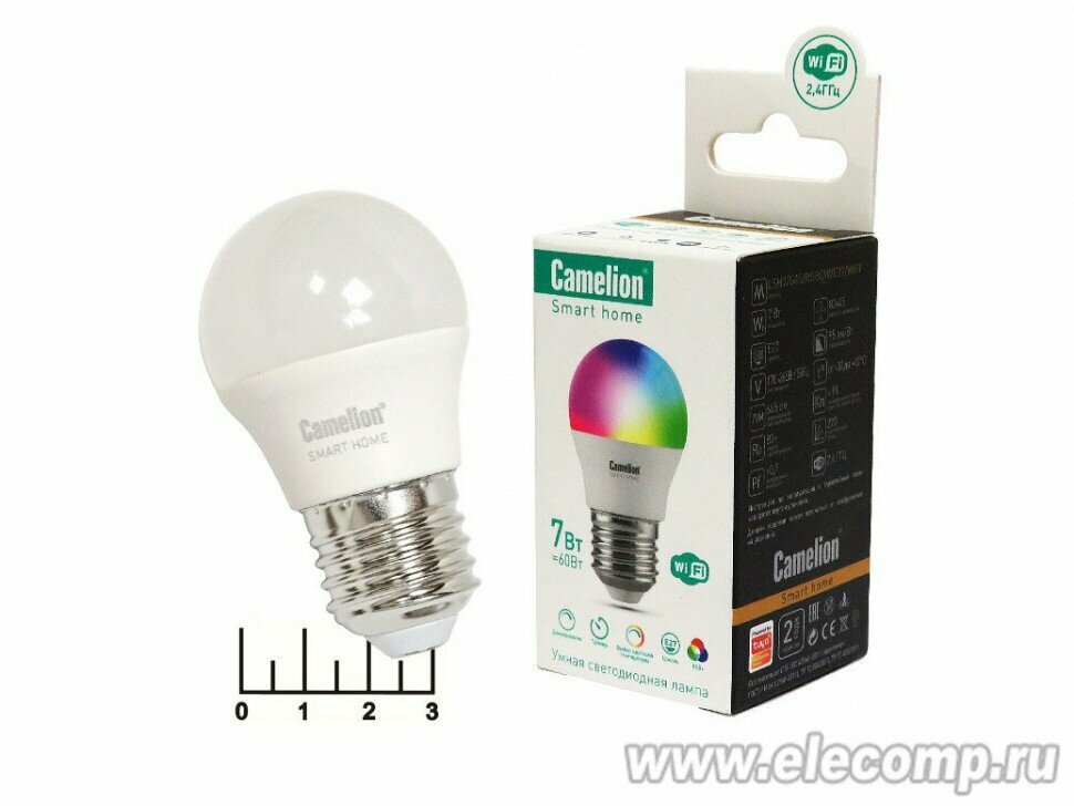 Лампа светодиодная 220V 7W E27 2700K-6500K шар G45 матовая RGB+Wi-Fi диммируемая Camelion Smart Home