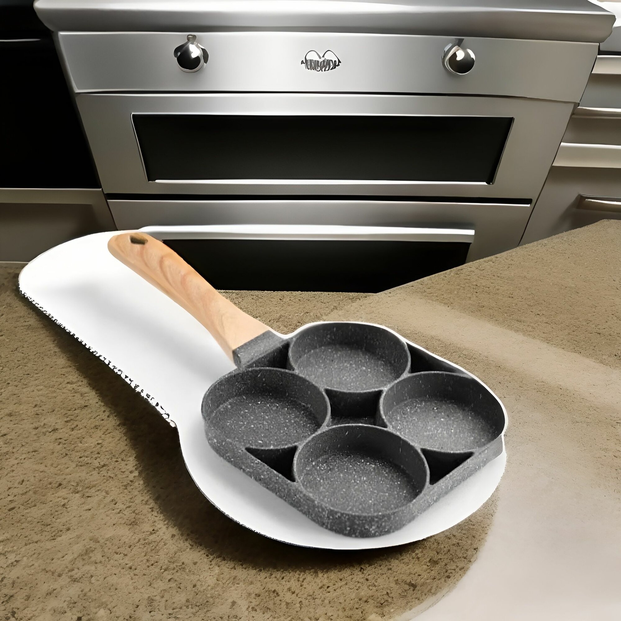 Сковорода для яичницы. Алюминиевая сковородка маленькая с деревянной ручкой с антипригарным покрытием. Круглые формочки с мраморным покрытием для жарки омлета/яиц/сырников и блинов 4 порции. Loloki