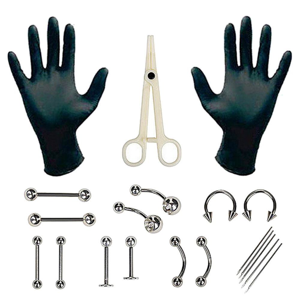 Набор для пирсинга тела из нержавеющей стали 20 штук, инструменты для пирсинга носа, трагуса, живота, языка, губы, иглы, стержень, кольцо, размер упаковки 120*100*40мм, вес упаковки 40г, дополнительно 41 штука 60г