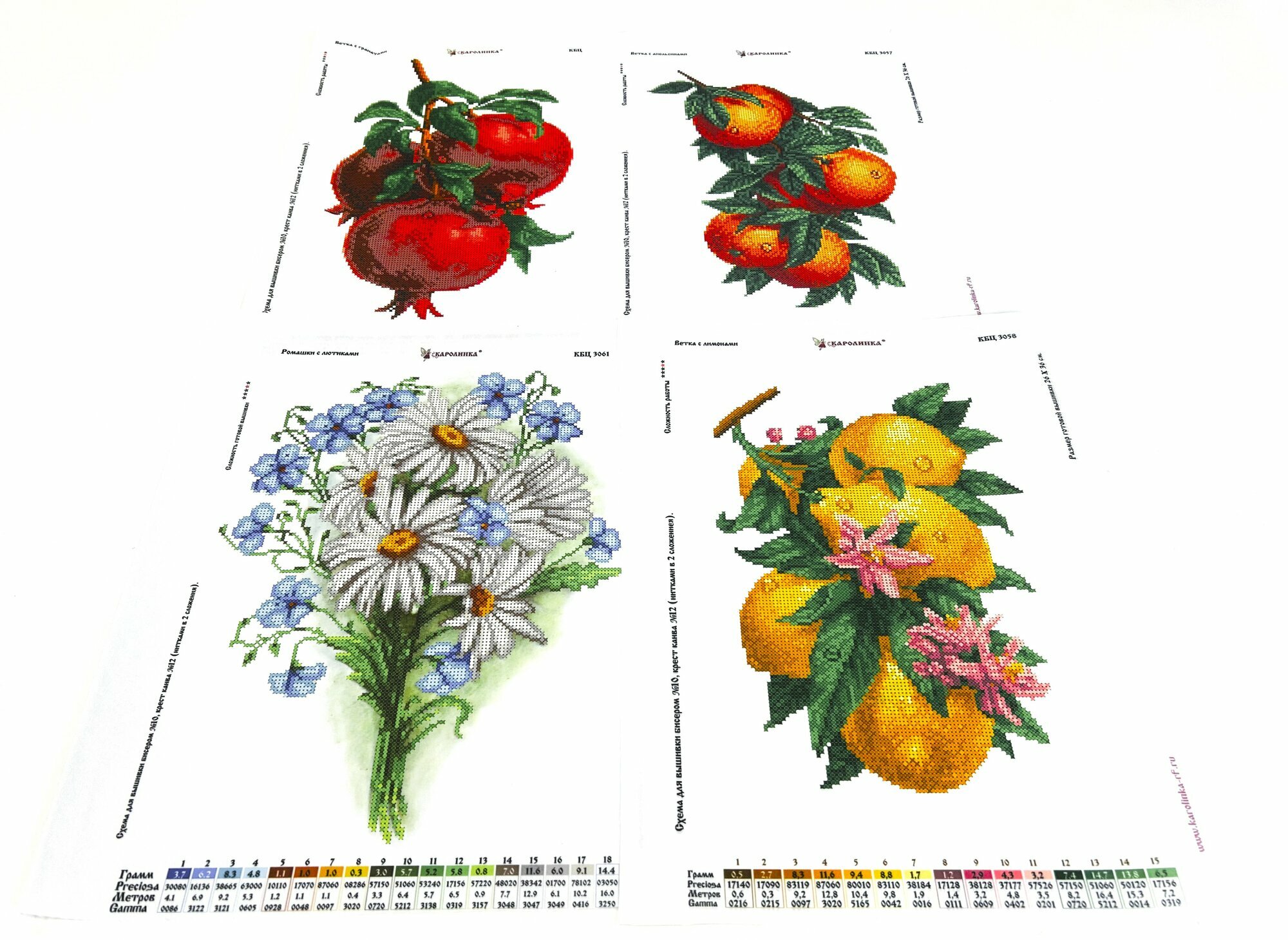 Комплект 4-е схем рисунков для вышивки "Цветы" Каролинка, габардин