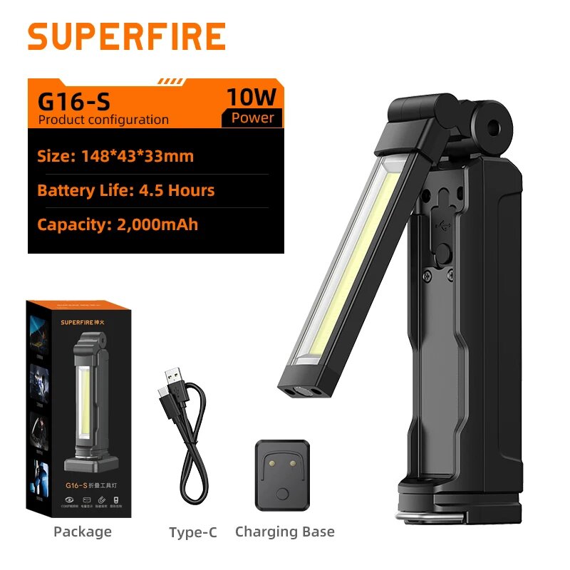 Светодиодный рабочий фонарь SUPERFIRE G16-S COB, перезаряжаемый через USB, магнитный фонарик, складной фонарь для кемпинга, аварийного ремонта автомобиля, с крючком